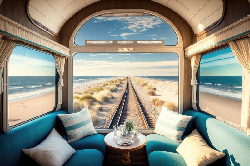 Luxury Train, with View of the Ocean and Waves Visible through the ...