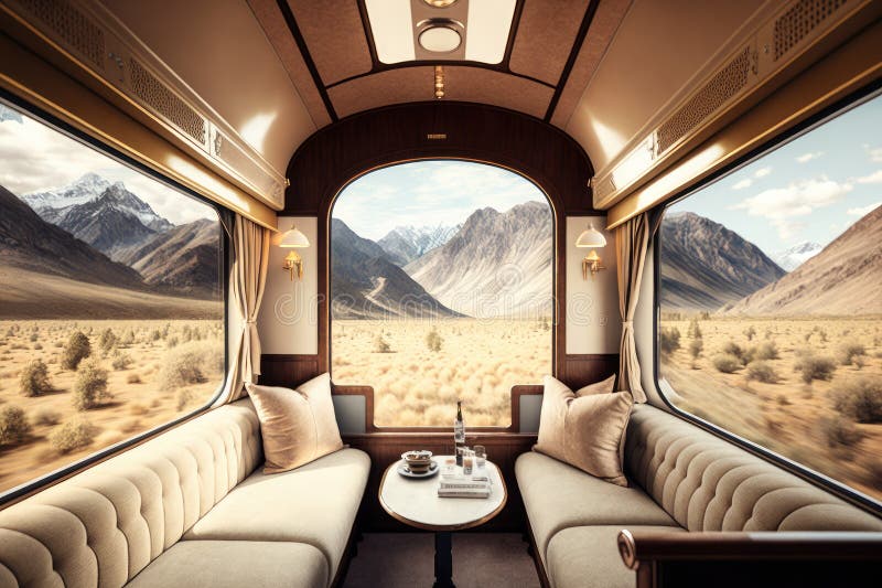 Luxury Train, with View of Rugged Wilderness and Towering Mountains in ...