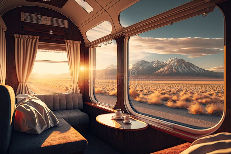 Luxury Train, with View of Snowy Mountain Range, during Sunset Stock ...