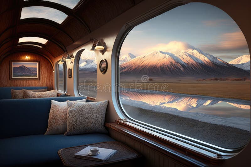 Luxury Train, with View of Snowy Mountain Range, during Sunset Stock ...