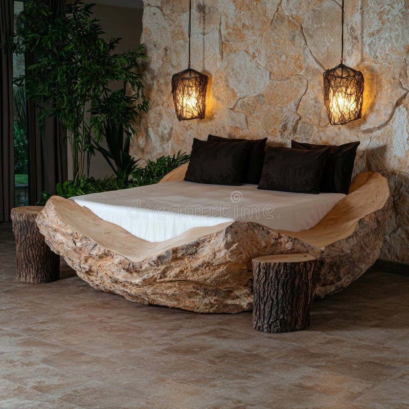 Luxury Tree Trunk Bed in a Rustic Bedroom Stock Illustration ...