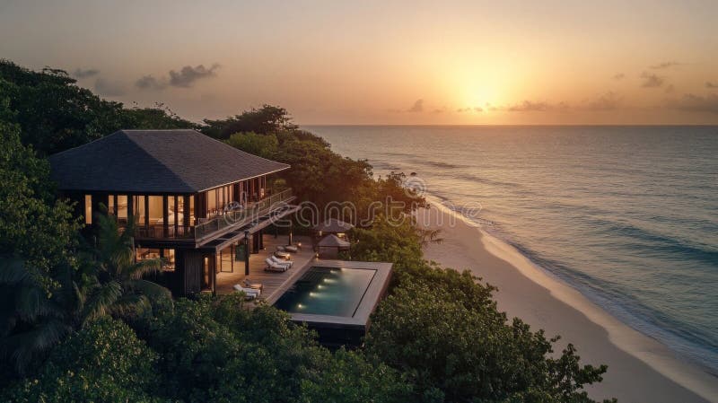 Luxury Tropical Beachfront Villa at Sunset Stock Illustration ...