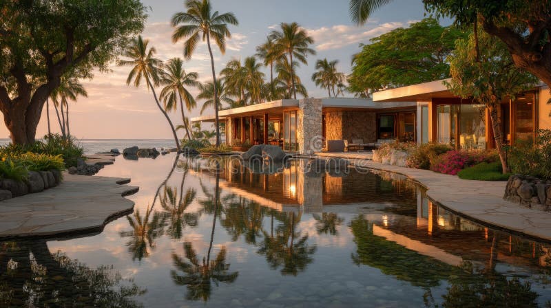 Luxury Tropical House with Ocean View at Sunset Stock Illustration ...