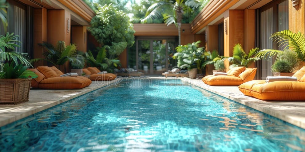 Luxury Tropical Poolside Oasis. Created by Generative Artificial Intelligence Stock Illustration ...