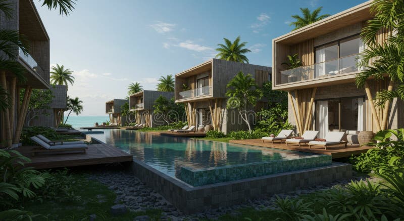 Luxury Tropical Resort with Infinity Pool Stock Illustration ...