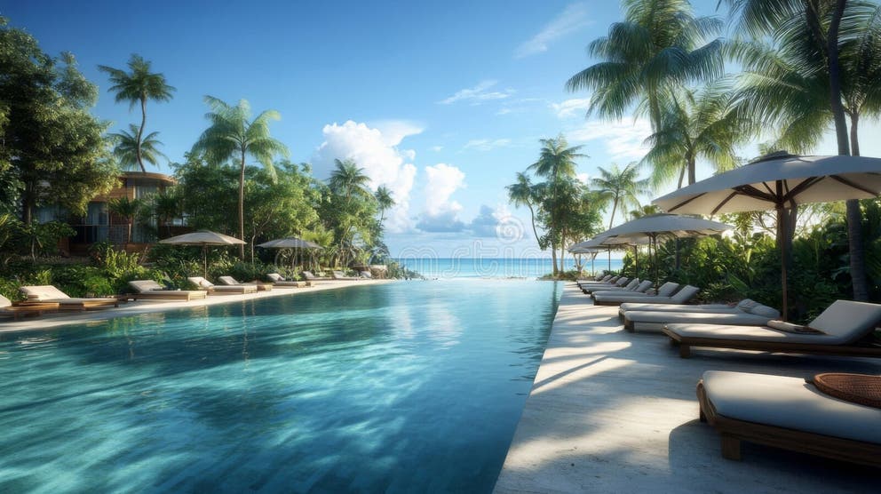 Luxury Tropical Resort Infinity Pool with Ocean View Stock Illustration ...