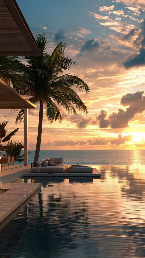 Luxury Tropical Resort with Infinity Pool at Sunset, Panoramic View ...