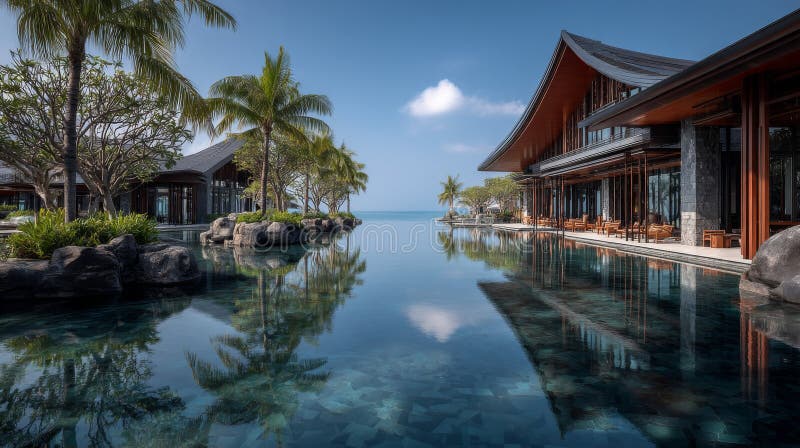 Luxury Tropical Resort Pool with Ocean View Stock Illustration ...