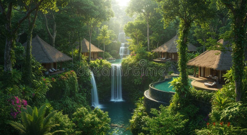 Luxury Tropical Resort Waterfall Paradise Stock Illustration ...