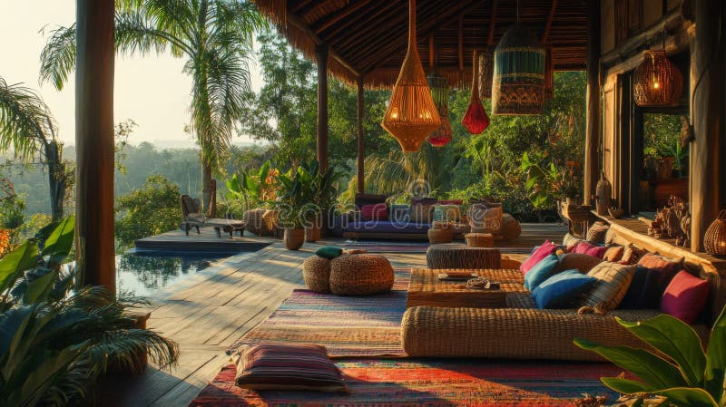 Luxury Tropical Veranda with Colorful Pillows and Rugs Stock ...