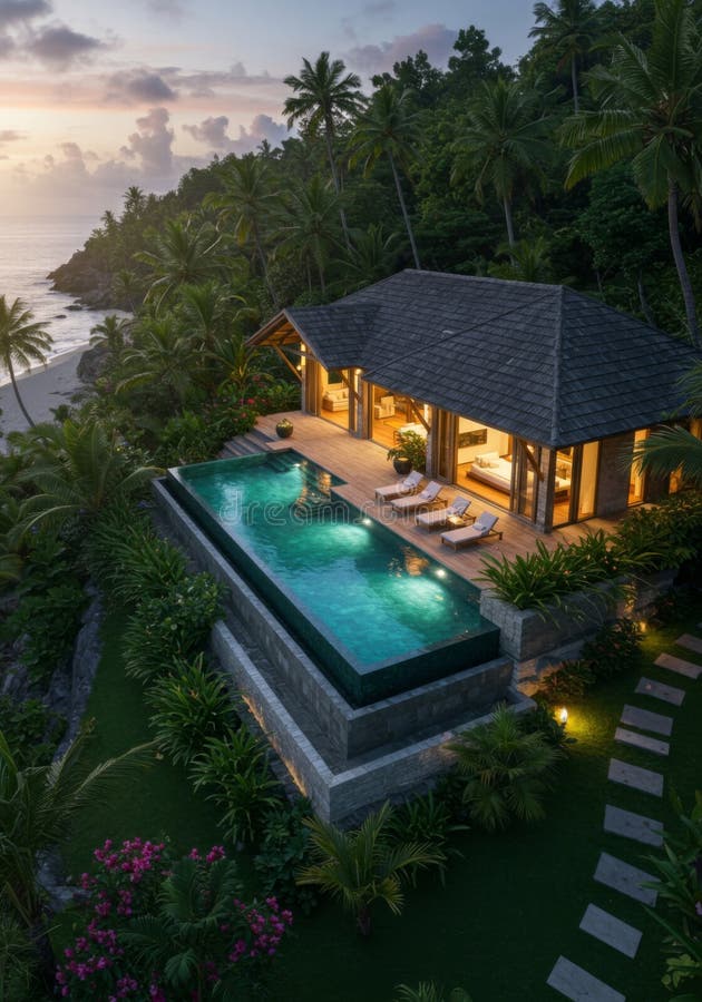 Luxury Tropical Villa with Infinity Pool at Sunset Stock Illustration ...