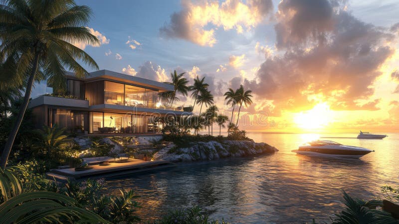 Luxury Tropical Villa at Sunset with Ocean View Stock Illustration ...