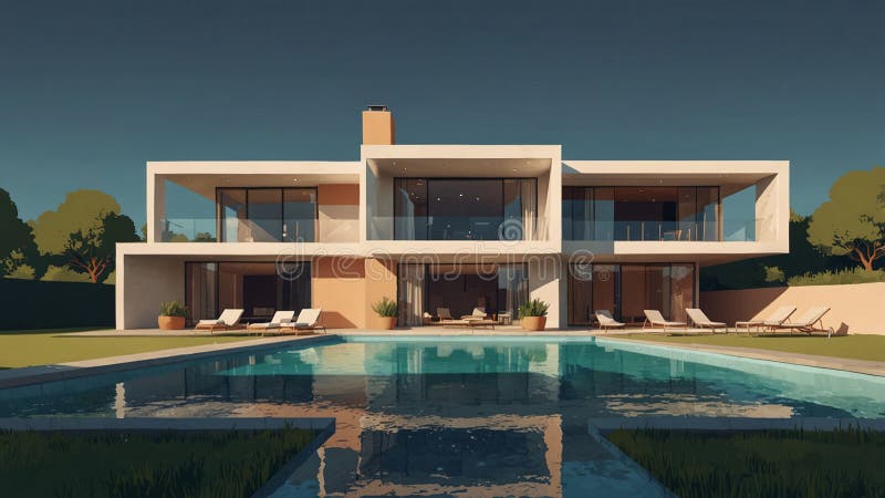 Luxury Two-Story Modern House with Pool and Large Windows in a Spacious ...