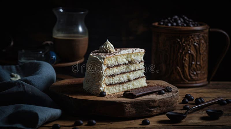 Luxury Vanilla Cake Slice on Dark Theme Background AI Generative Stock ...