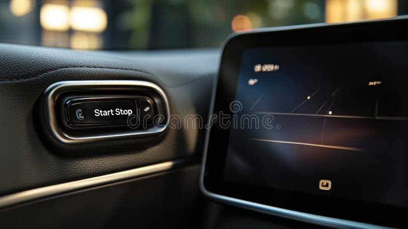 Luxury Vehicle Dashboard Detail Featuring Start Stop Button and Ambient ...
