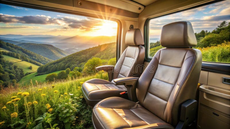 Luxury Vehicle Interior with Scenic Sunset View from Open Windows ...