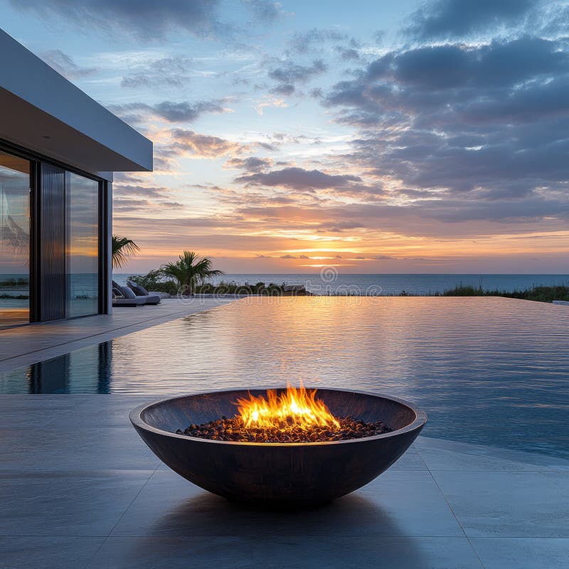 Luxury Villa with Infinity Pool Overlooking the Ocean at Sunset Stock ...