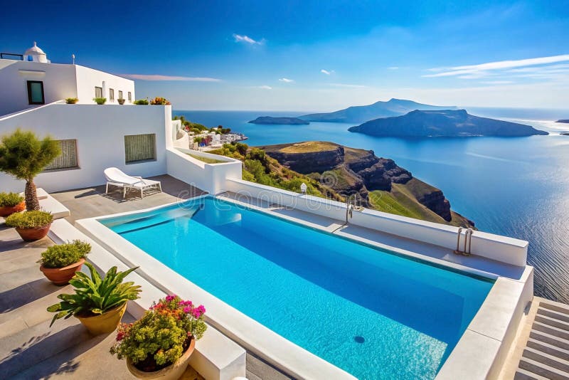 Luxury Villa Infinity Pool Overlooking Aegean Sea Greece Stock Photos ...