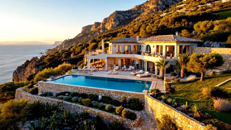 Luxury Villa with Infinity Pool Overlooking Ocean at Sunset on Mountain ...