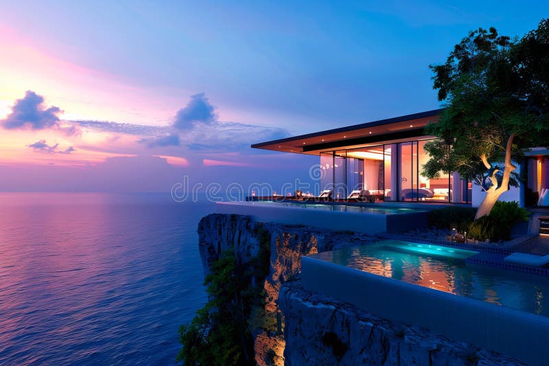 A Luxury Villa Overlooking the Ocean at Sunset Stock Photo - Image of ...