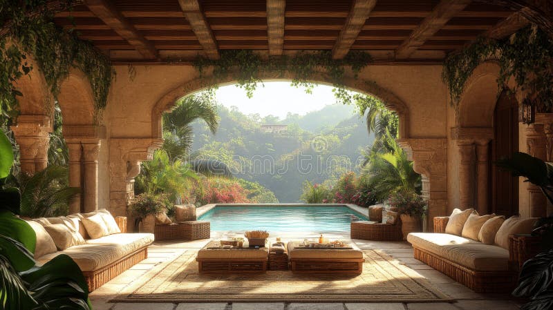 Luxury Villa Patio with Infinity Pool and Mountain View Stock ...
