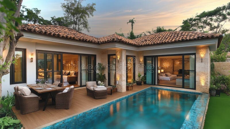 Luxury Villa with Pool and Patio in a Tranquil Tropical Setting Stock ...