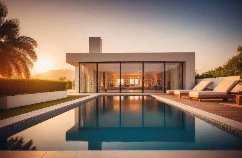 Luxury Villa with Pool and Sunset View. Luxurious Real Estate Concept ...