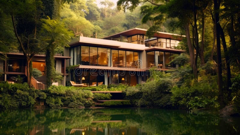 Luxury Villa in a Tropical Forest with Lake and Trees Stock ...