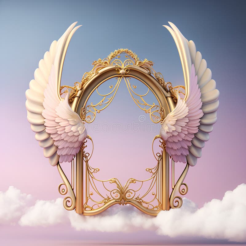 Luxury Vintage Frame with Wings and Clouds, 3d Rendering Stock ...