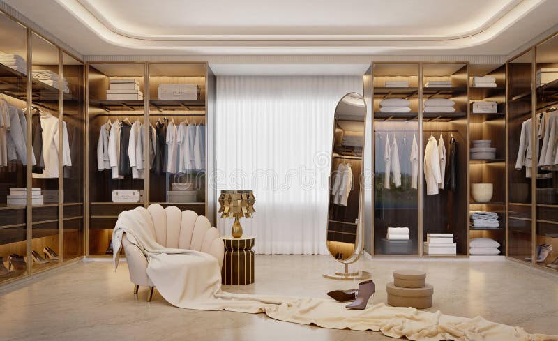 Luxury Walk in Closet Interior with Armchair and Mirror.3d Rendering ...