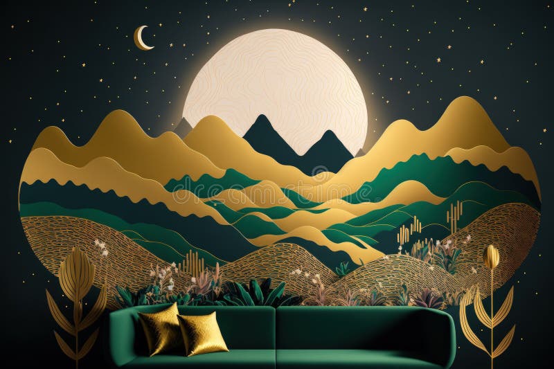 Luxury Wallpaper Design with Gold Moon and Golden and Green Mountains ...