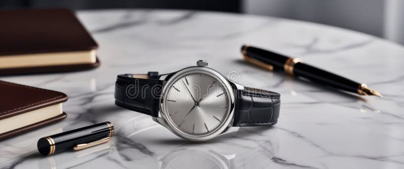 Luxury Watch and Pen on Marble Desk with Leather Notebooks Stock ...