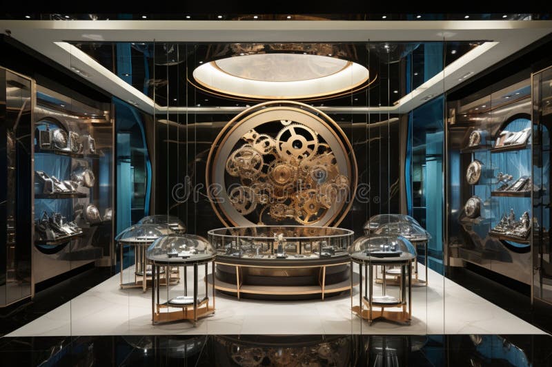 A Luxury Watch Store with a 3D Clockwork Wall Design, Complemented ...