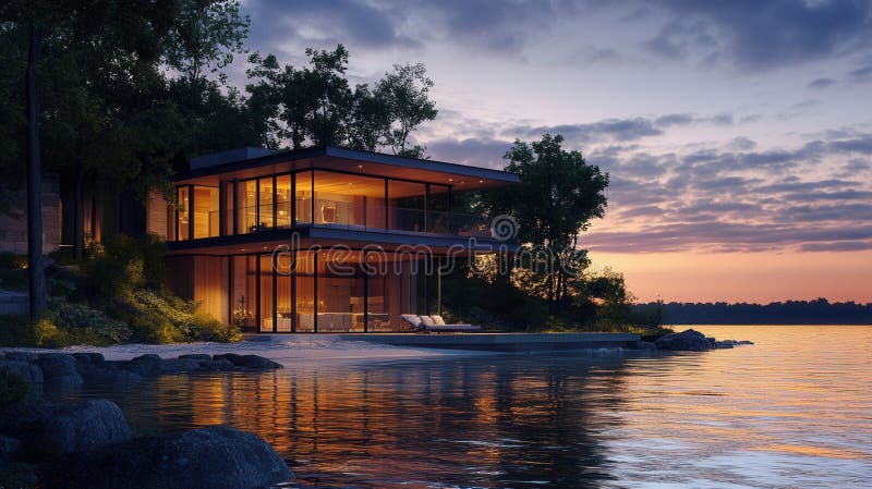Luxury Waterfront Home at Evening Sunset Glow Stock Illustration ...