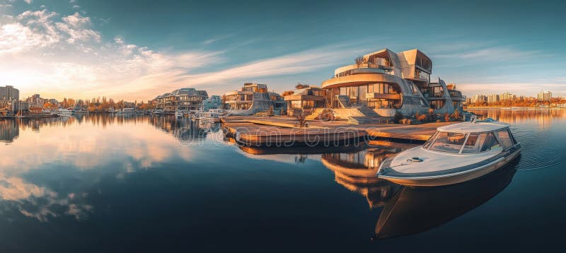 Luxury Waterfront Homes and Marina at Sunset, Architectural Marvels ...