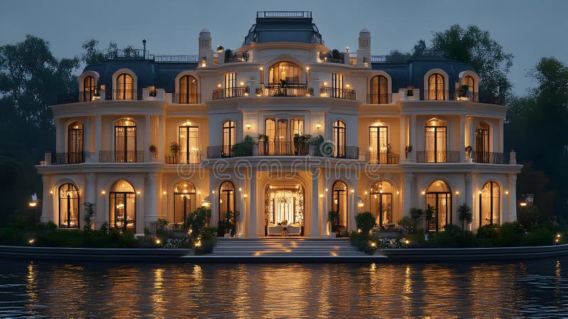 Luxury Waterfront Mansion 3D Illustration Stock Illustration ...