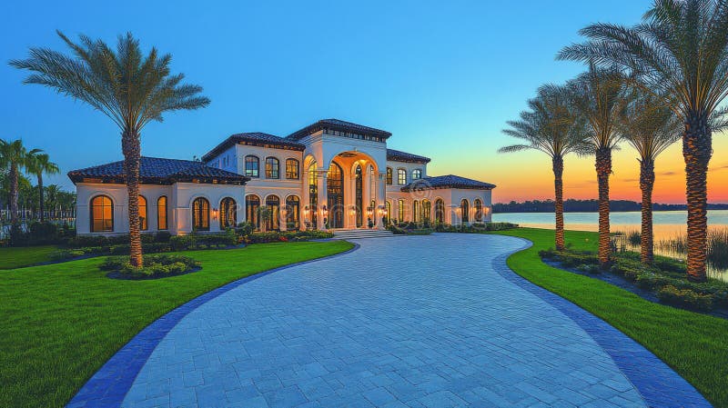 Luxury Waterfront Mansion at Sunset Stock Image - Image of driveway ...
