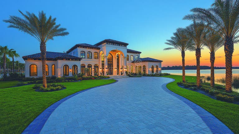 Luxury Waterfront Mansion at Sunset Stock Image - Image of driveway ...