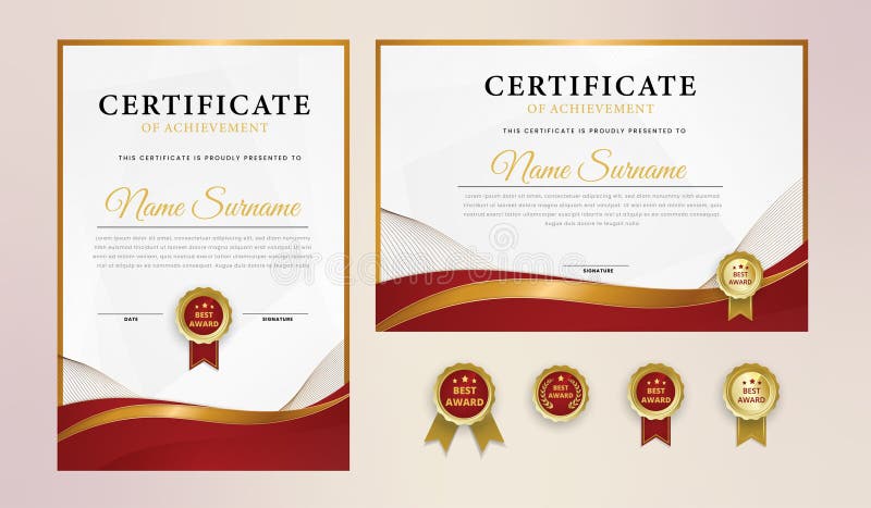 Luxury Wavy Red Gold Certificate with Badge and Border Template Stock ...
