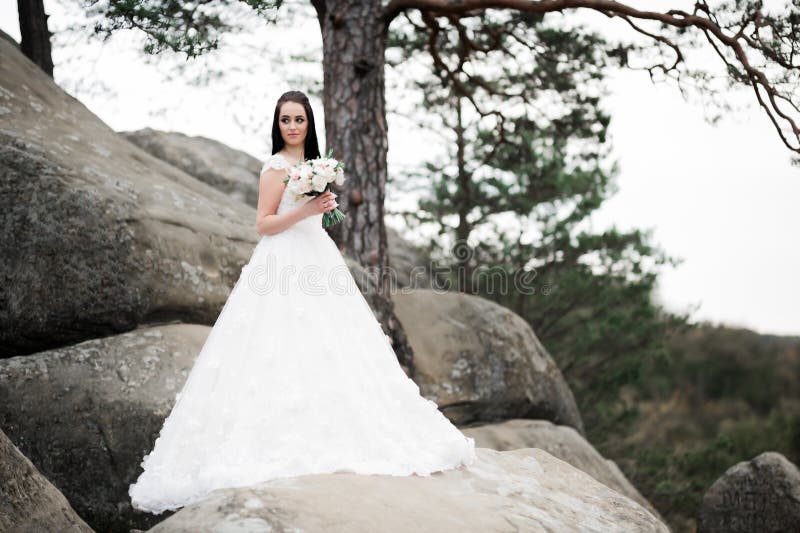 Luxury Wedding Bride, Girl Posing and Smiling with Bouquet Stock Photo ...