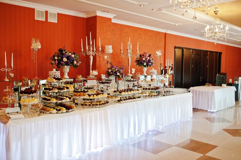 Luxury Wedding Reception Tables with Different Foods and Drinks. Stock ...