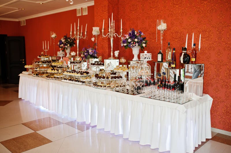 Luxury Wedding Reception Tables with Different Foods and Drinks. Stock ...