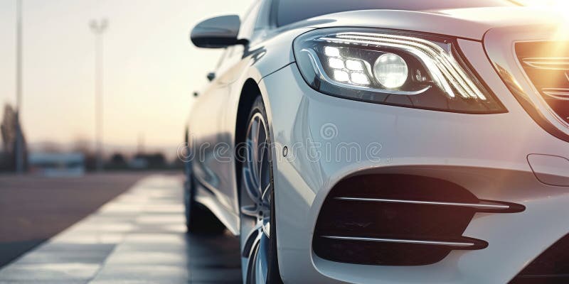 Luxury White Car Parked Gleaming in Sunset. Headlights on Ready for ...