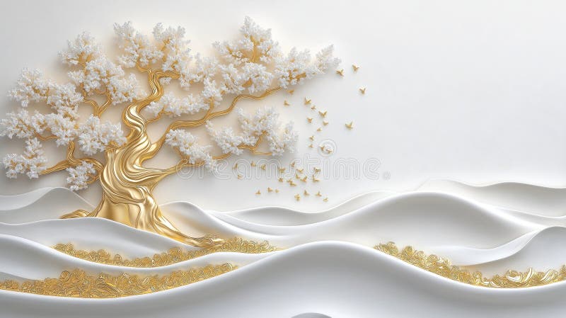 Luxury White, Gold 3D Mural Wallpaper Design. Ornate Tree with White ...
