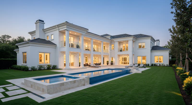 Luxury White Mansion with Infinity Pool & Exquisite Landscaping at Dusk ...