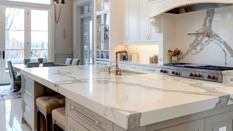 A Luxury White Marble Kitchen Tabletop in a Contemporary Spacious ...