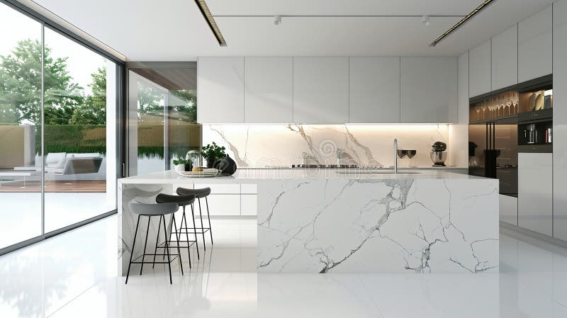 A Luxury White Marble Kitchen Tabletop in a Contemporary Spacious ...