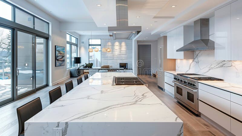 A Luxury White Marble Kitchen Tabletop in a Contemporary Spacious ...