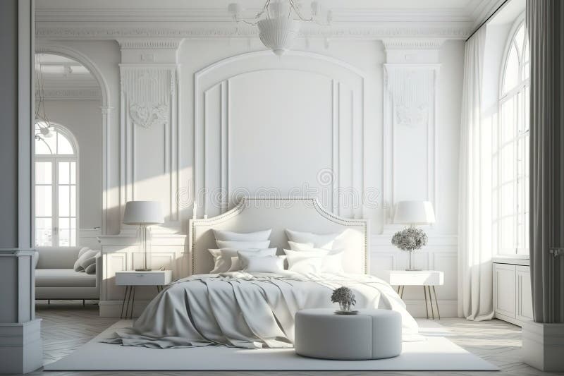 Luxury White Master Bedroom Interior - 3d Render Stock Illustration ...