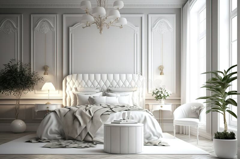 Luxury White Master Bedroom Interior - 3d Render Stock Illustration ...